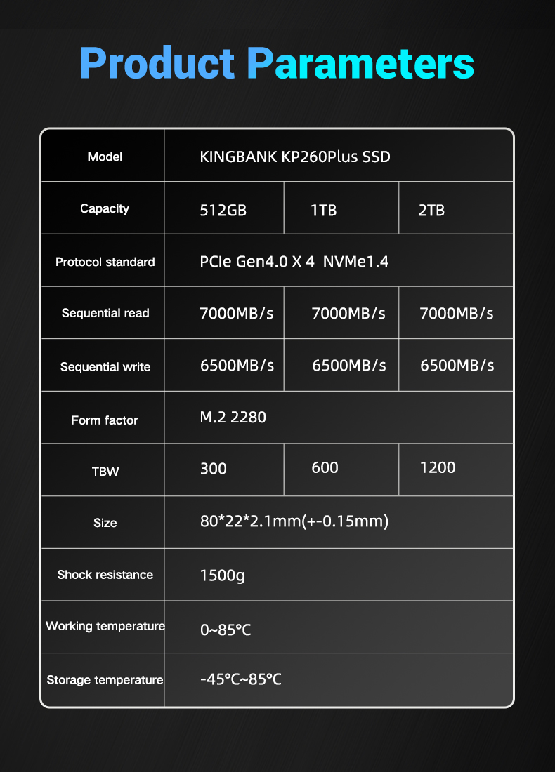 KINGBANK KP260 Plus M.2 PCIe Gen 4.0*4 SSD - 512GB/1TB/2TB - 金百达KINGBANK
